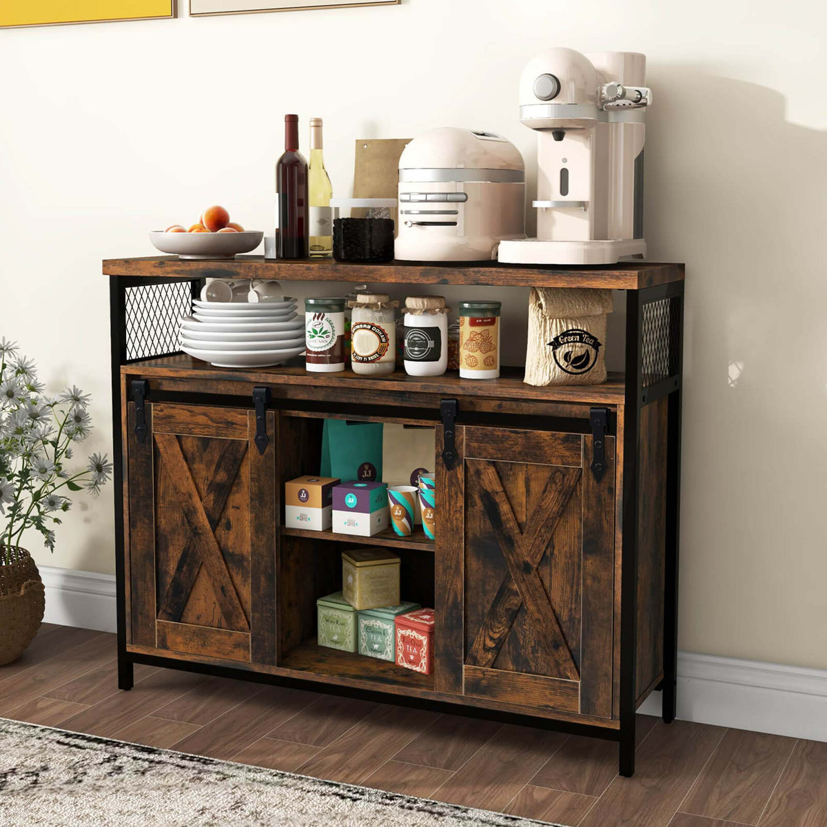 Gracie Oaks Industrial Buffet Sideboard Cabinet With Spacious Table Top Adjustable Shelves ...